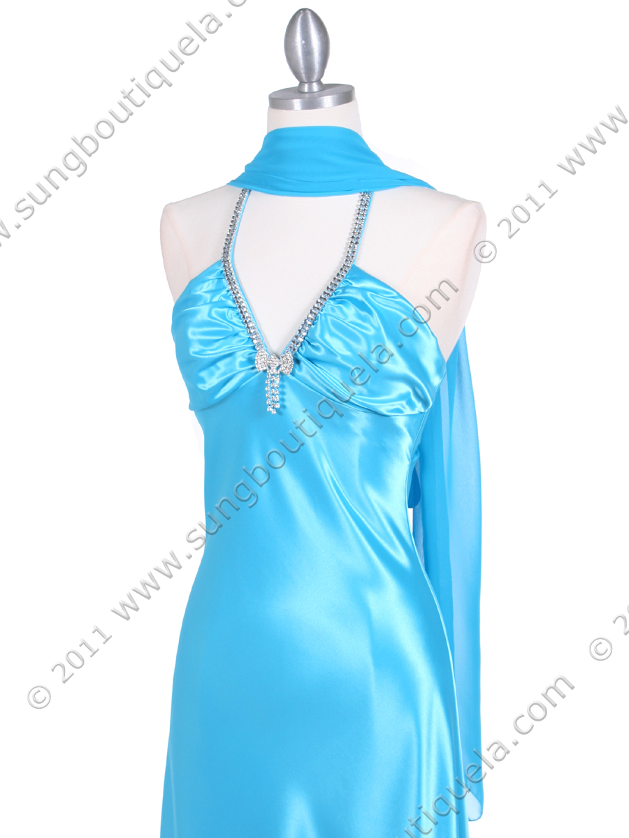 Turquoise Satin Evening Dress with Rhinestone Strap | Sung Boutique L.A.