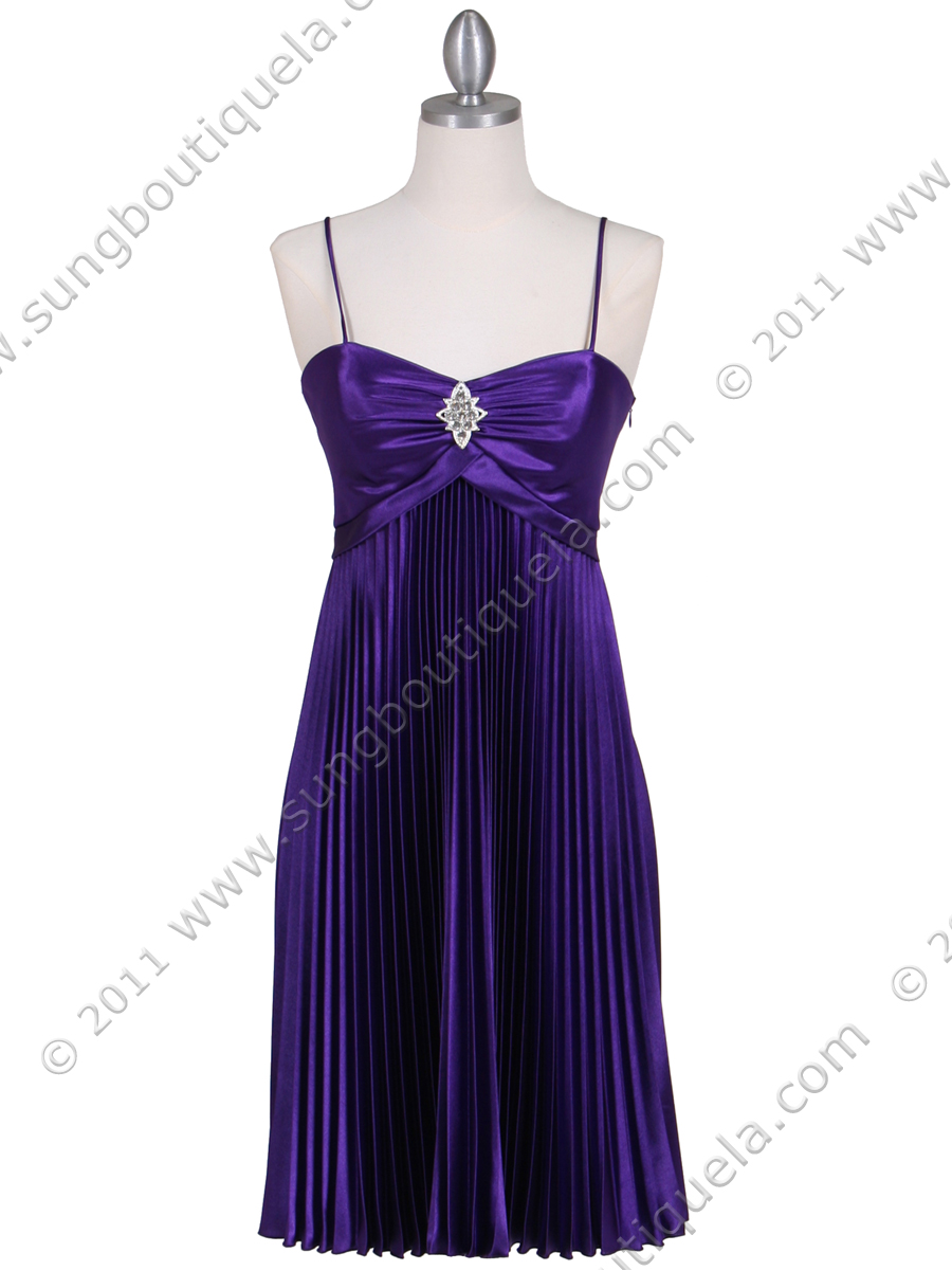 Purple Pleated Cocktail Dress with Rhinestone Pin | Sung Boutique L.A.